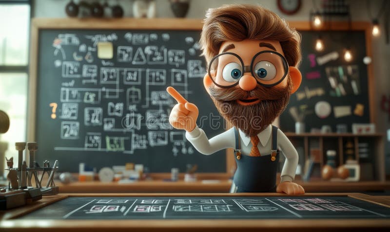 3D Cartoon Teacher Pointing at a Chalkboard Full of Math Problems, Fun ...