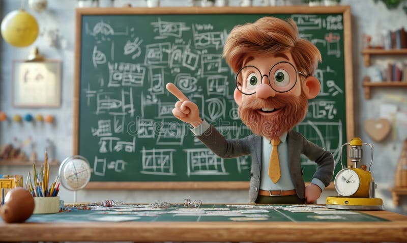 3D Cartoon Teacher Pointing at a Chalkboard Full of Math Problems, Fun ...