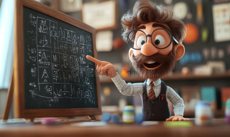 3D Cartoon Teacher Pointing at a Chalkboard Full of Math Problems, Fun ...