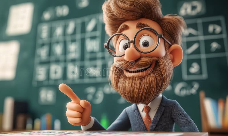3D Cartoon Teacher Pointing at a Chalkboard Full of Math Problems, Fun ...