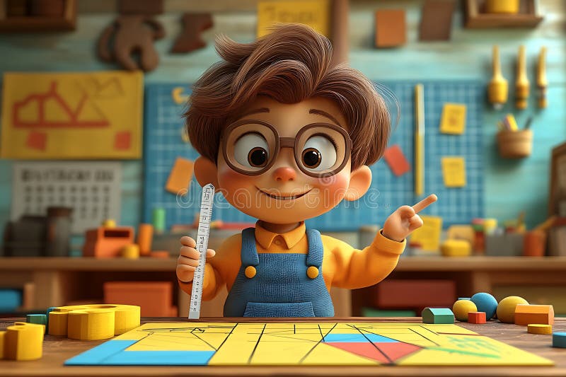 3D Cartoon Teacher with a Ruler, Explaining Geometry Stock Illustration ...