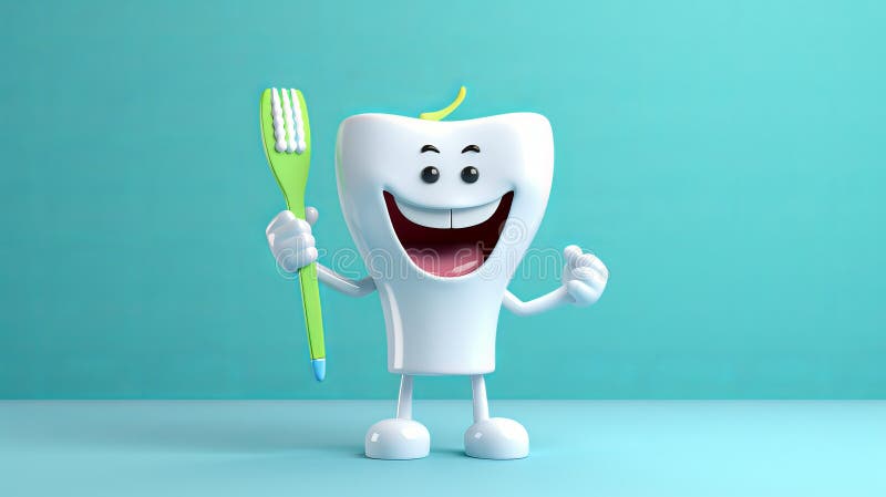3D Cartoon Tooth Holding a Toothbrush on a Green Background. Stock ...