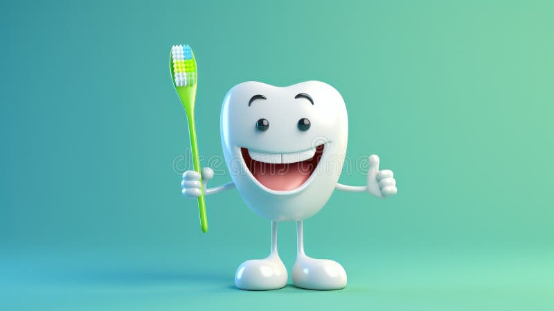 3D Cartoon Tooth Holding a Toothbrush on a Green Background. Stock ...