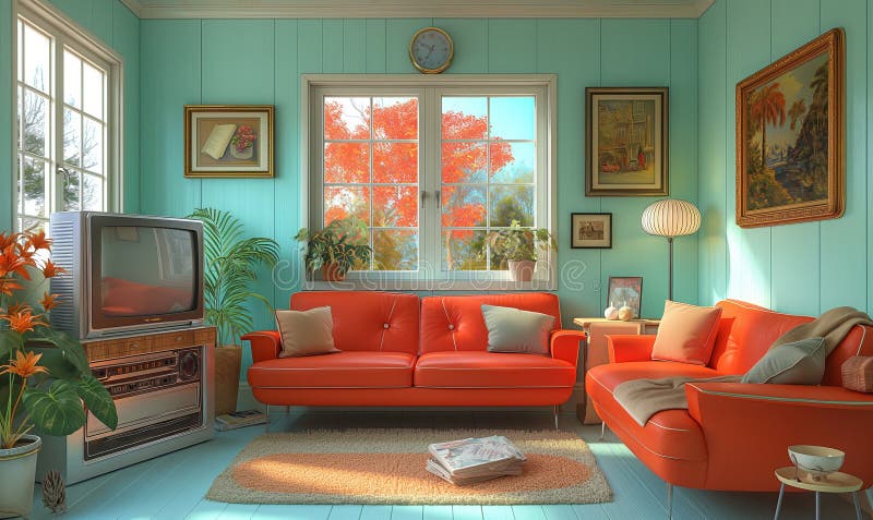 3D Cartoon Vintage Room Design Art Deco. Stock Image - Image of ...