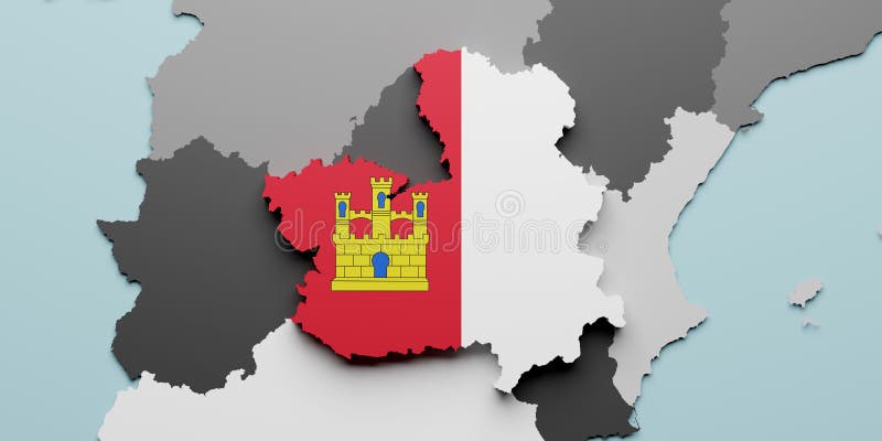 3d Castilla La Mancha Region Flag and Map Stock Illustration ...