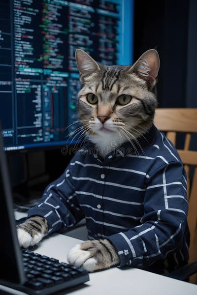 A 3D Cat Programmer at Work Gray Tabby in Youthful Attire Coding on ...