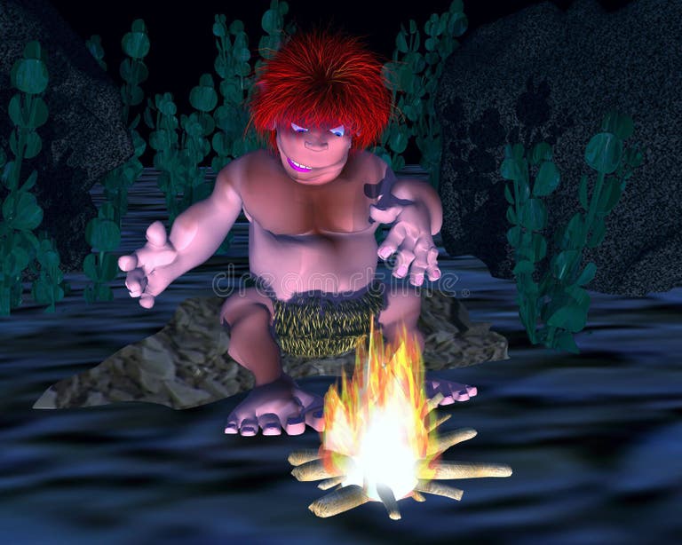3d Caveman Discovering Fire with Full Background Stock Illustration ...