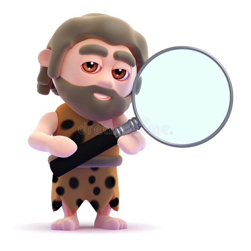 3d Caveman Looks through a Magnifying Glass Stock Illustration ...