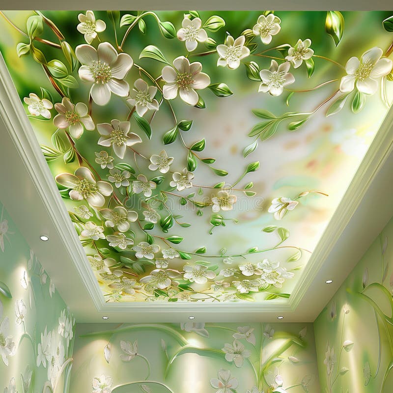 3D Ceiling Wallpaper with White Flowers and Green Leaves, in the Style ...