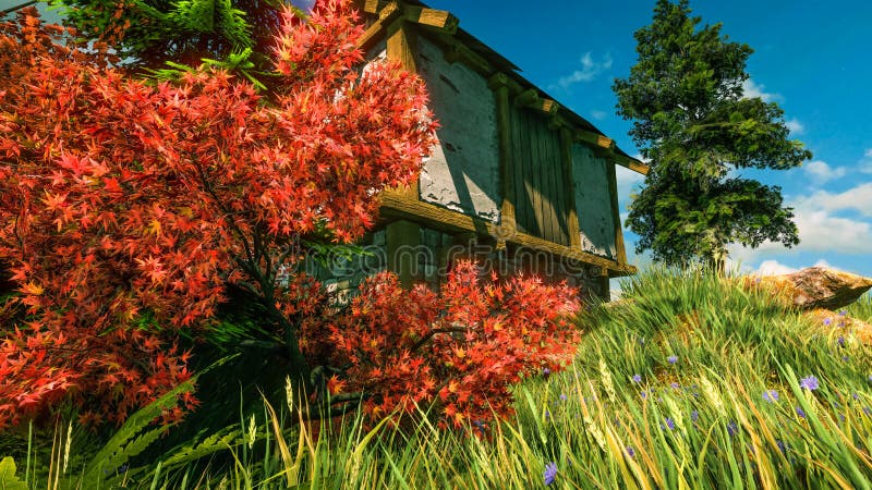 3D CG Medieval House with Trees Stock Illustration - Illustration of ...
