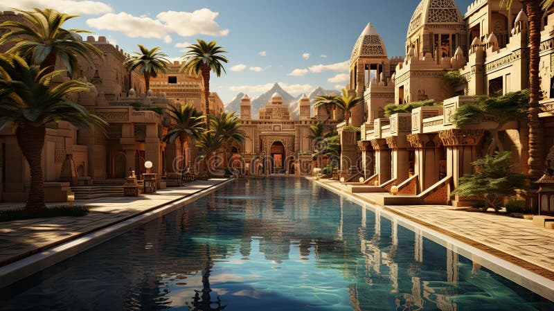 3D CG Rendering of Sand and Water Egyptian Castle Palace Stock ...