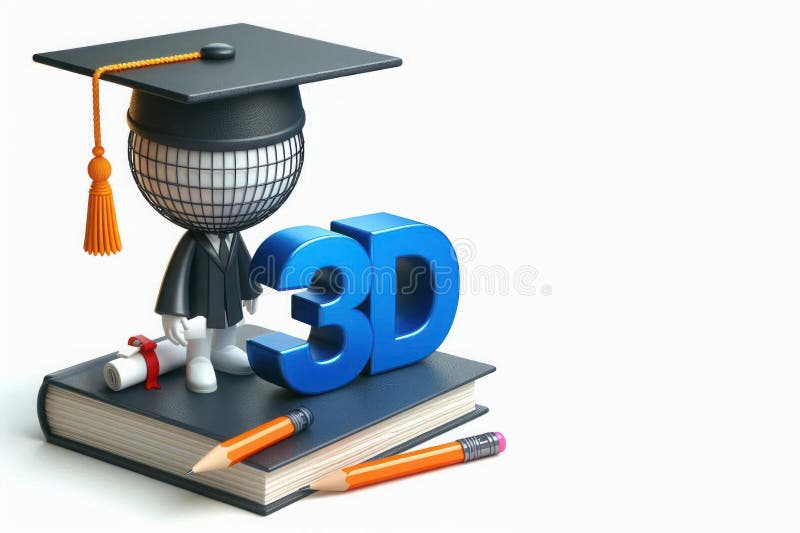 3D Character in Academic Robe with Book and Pencils. Space for Text ...