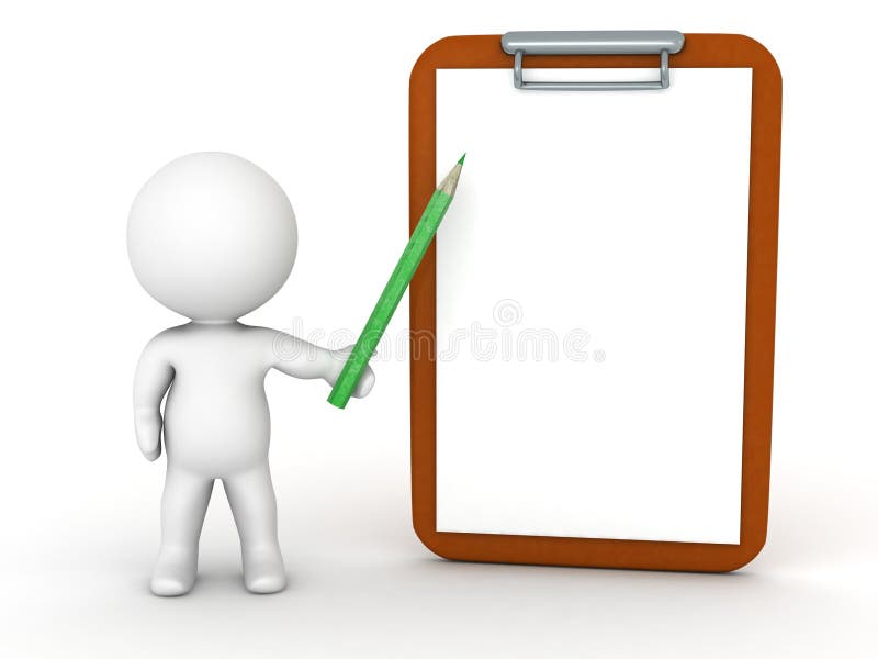 3D Little Human Character, Clipboard and Pen Stock Illustration ...