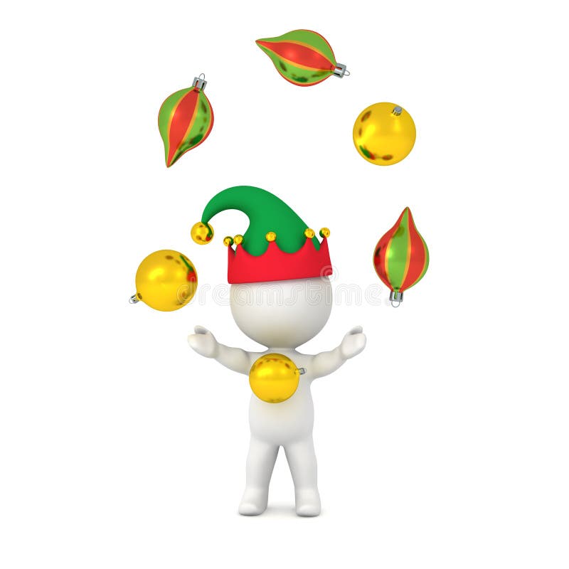 3D Character with Elf Hat Juggling Decorative Globes Stock Illustration ...