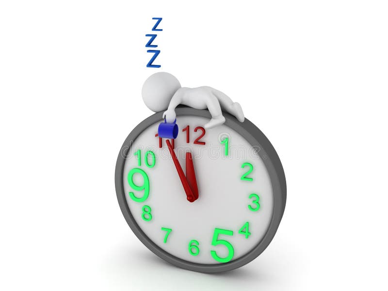 3D Character Falling Asleep on Top of Giant Clock Stock Illustration ...