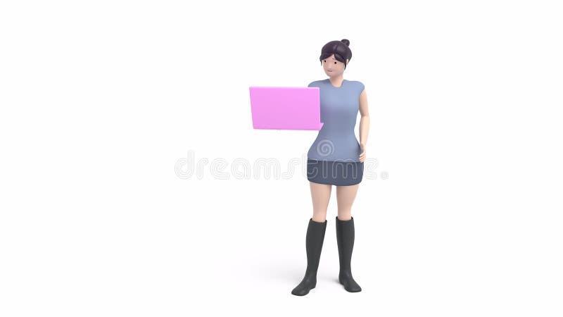 3d Character Girl with a Pink Laptop Stands 3d Stock Illustration ...
