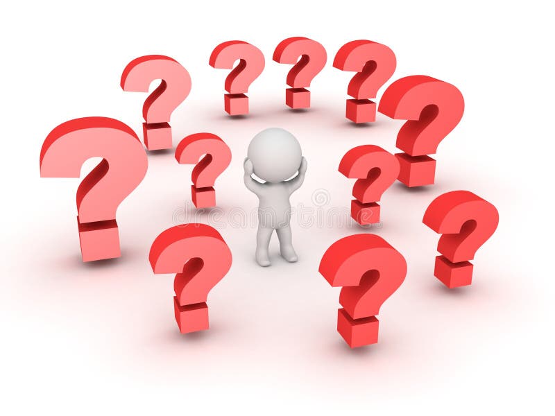 3D Character with Hands on His Head and Many Red Question Marks Stock ...