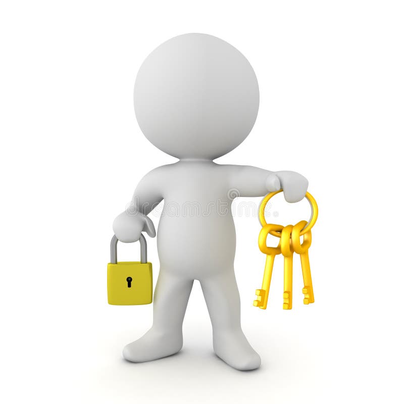 3D Character Holding a Padlock and a Keychain Stock Illustration ...