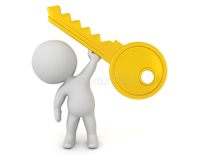 3D Character Holding Up Big Golden Key Stock Illustration ...