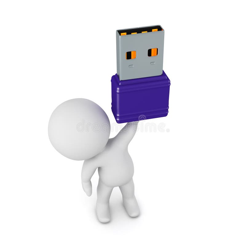 3D Character Holding Up a Small USB Stick Stock Illustration ...