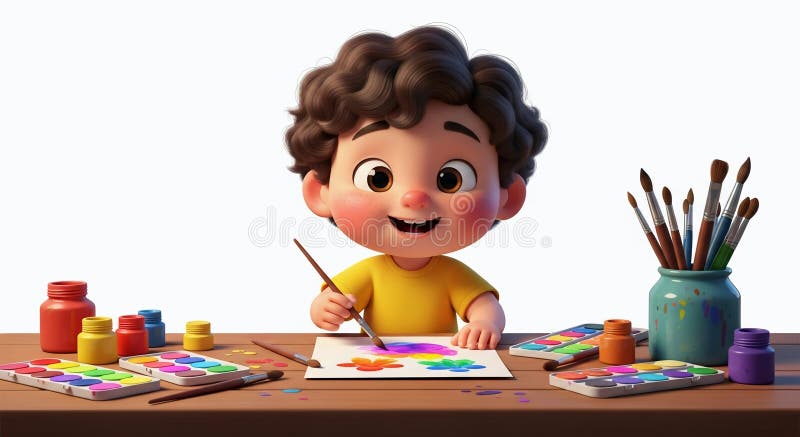 3D Character Kids Drawing with Brush Stock Illustration - Illustration ...