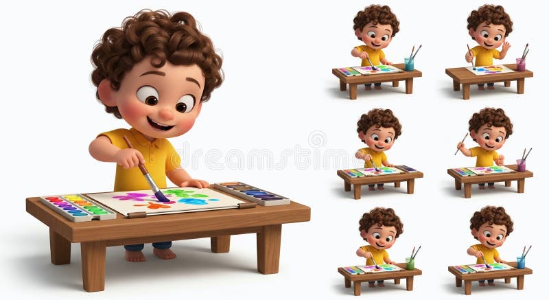 3D Character Kids Paint with Brush Scene 20 Stock Illustration ...