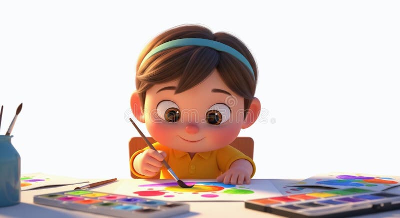3D Character Kids Paint with Brush Scene 18 Stock Illustration ...