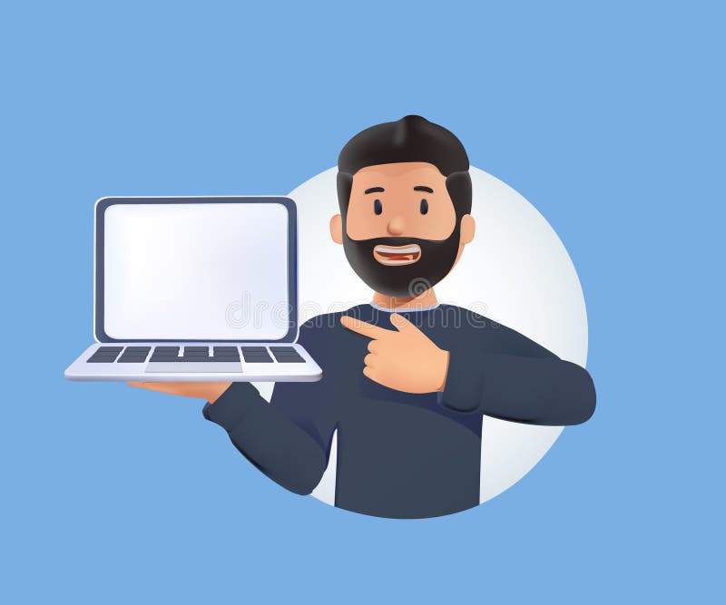 3D Character with Laptop. Young Smilin Man Holding and Pointing at ...