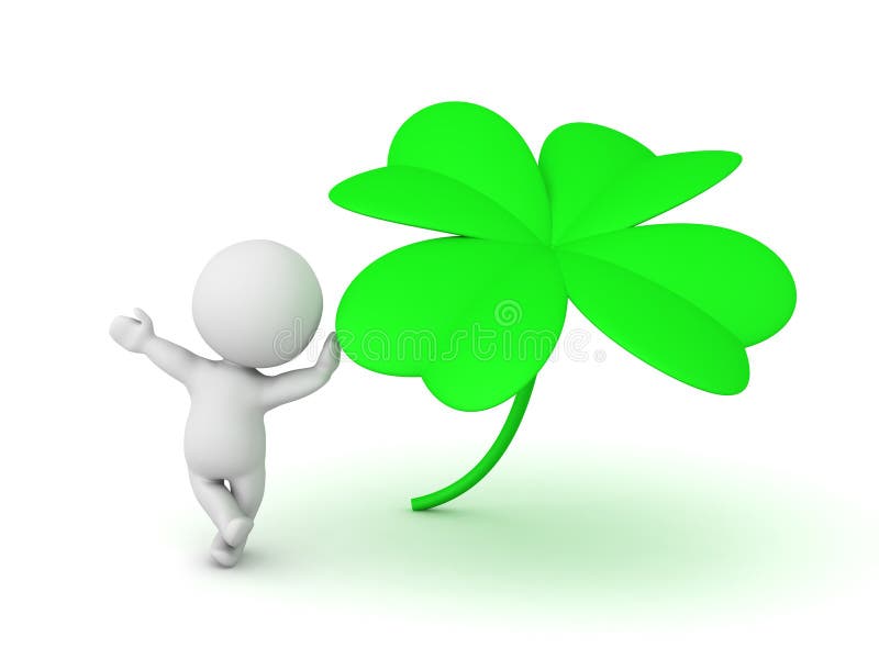 3D Character Leaning on a Four Leaf Clover Stock Illustration ...
