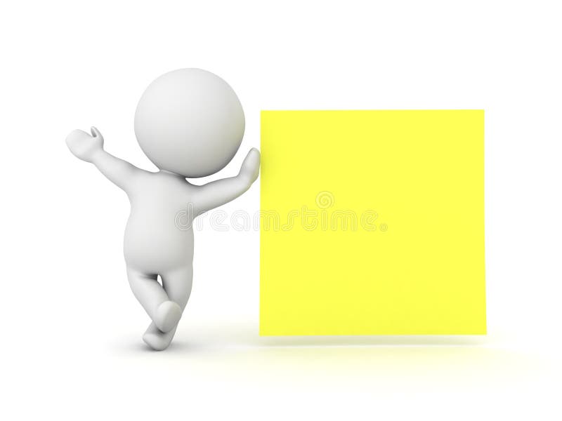 3D Character Leaning on Yellow Sticky Post it Note Stock Illustration ...
