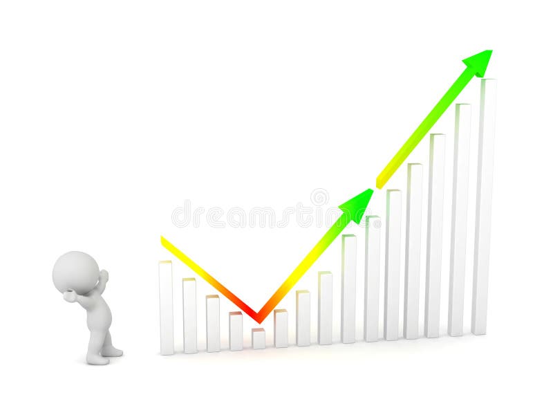3D Character Looking at Chart Going Down Then Up Stock Illustration ...