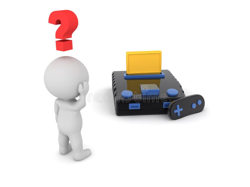 3D Character Looking Confused at Retro Vintage Console Stock ...