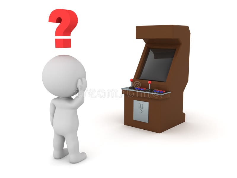 3D Character Looking Curious at Retro Arcade Cabinet Stock Illustration ...