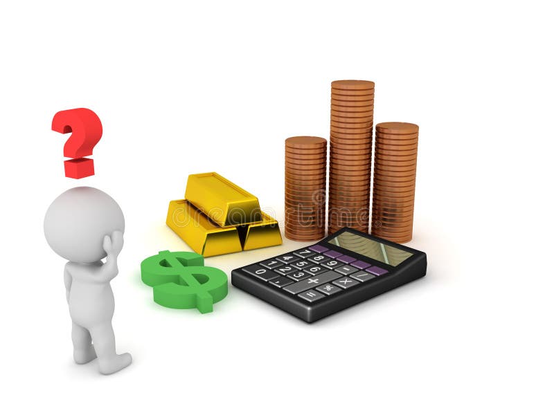 3D Character Looking at Money Related Objects Stock Illustration ...