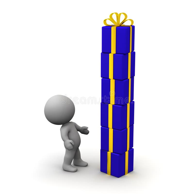 3D Character Looking Up at a Stack of Gift Boxes Stock Illustration ...