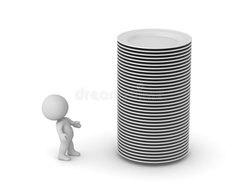 3D Character Looking Up at Tall Stack of Plates Stock Illustration ...