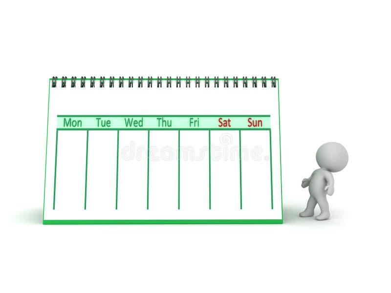 3D Character Looking Up at a Weekly Calendar Stock Illustration ...