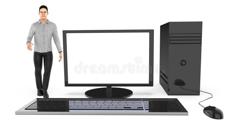 3d Character , Man and a Computer / Desktop Stock Illustration ...