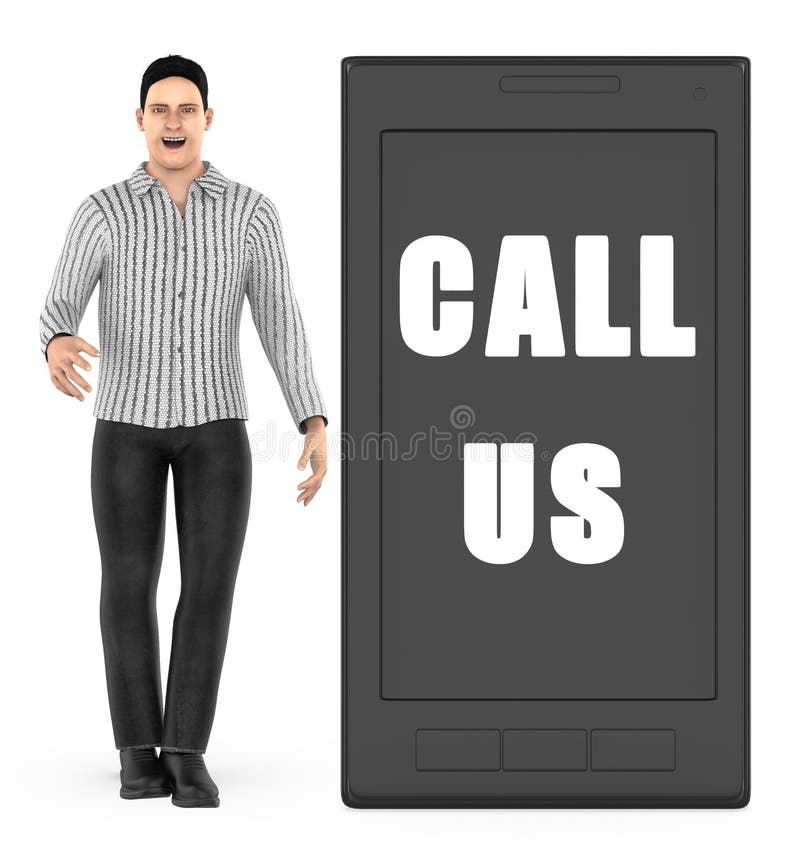 3d Character , Man , Mobilephone with Call Us Text Stock Illustration ...