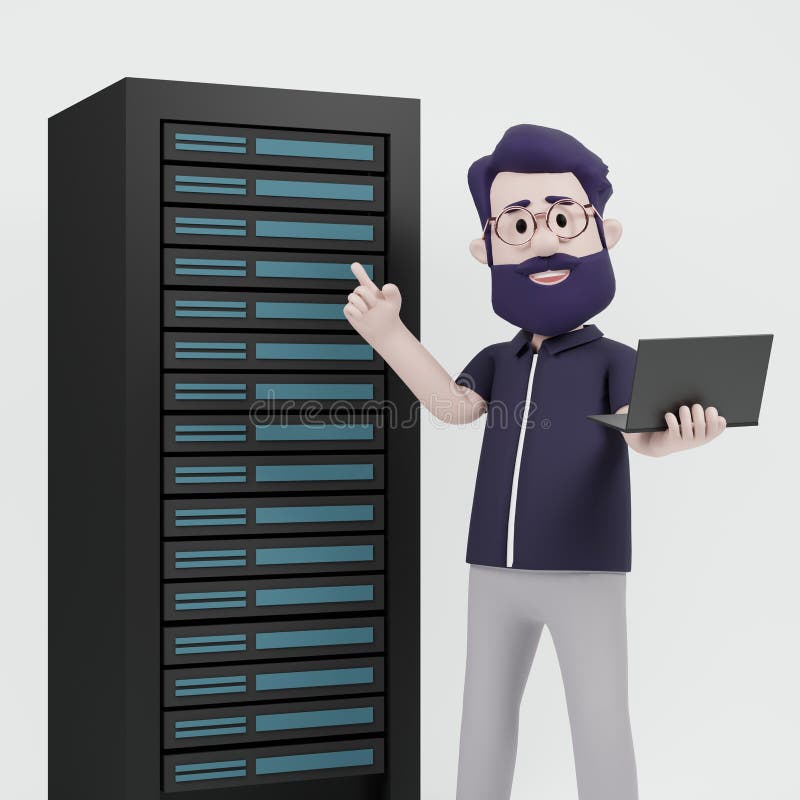 3D Character Man Presenting the Server and Laptop Stock Illustration ...
