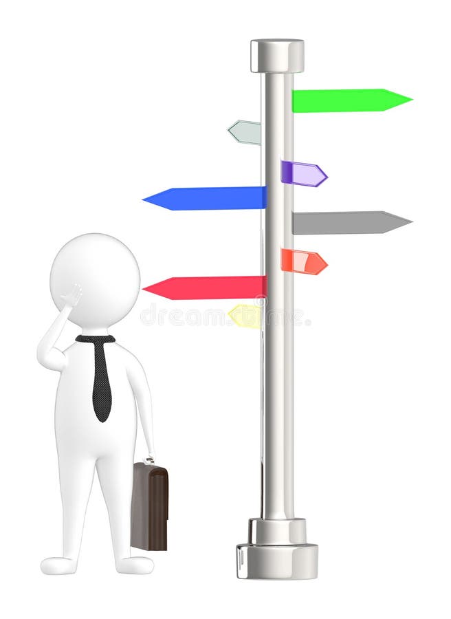 3d Character ,man Standing In Front Of A Direction Sign Post Stock ...