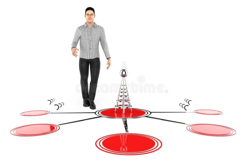 3d Character , Man , Wireless Tower and Its Signals Stock Illustration ...