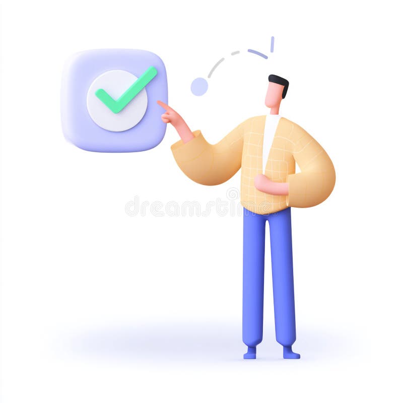 3d Character Points To a Checkmark Icon Indicating Success or ...