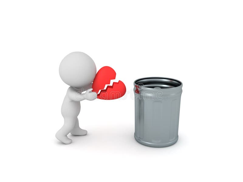 3D Character Putting Broken Heart in Garbage Can Stock Illustration ...
