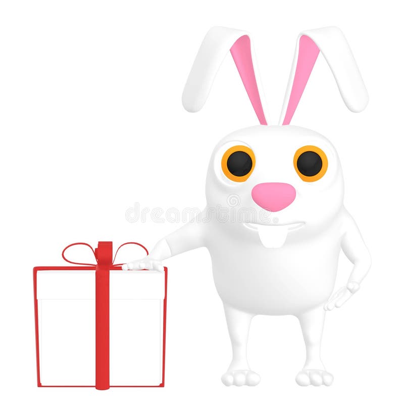 3d Character , Rabbit and Ribbon Wrapped Gift Box Stock Illustration ...