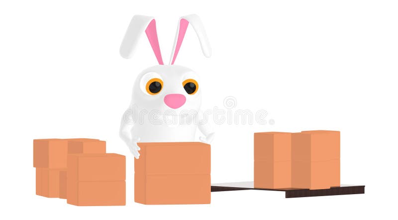 3d Character , Rabbit and Stack of Cardboard Boxes Stock Illustration ...
