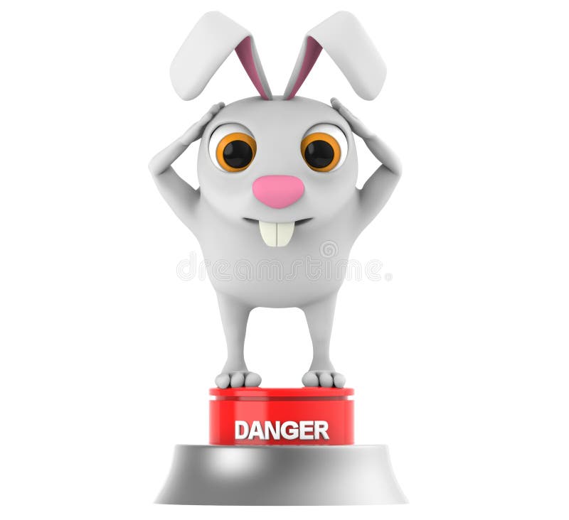 3d Character , Rabbit Standing Over Danger Button Stock Illustration ...
