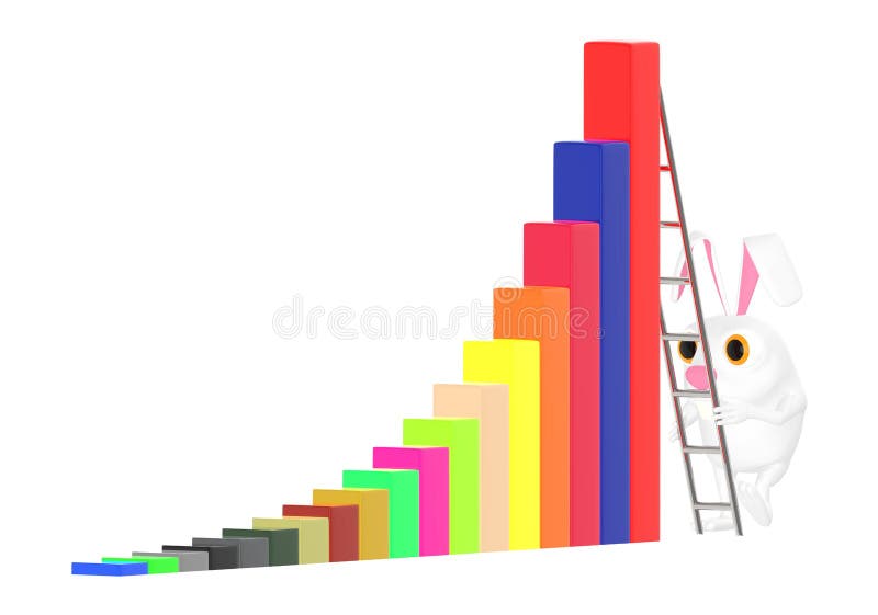 3d Character, Rabbit Walking Up a Bar Graph with a Ladder Stock ...
