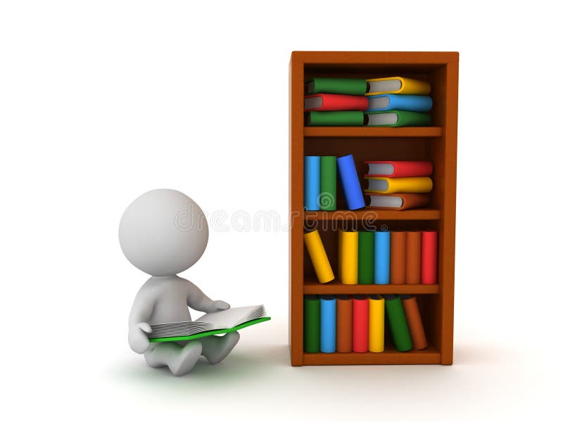 3D Character Reading a Book in a Library Stock Illustration ...