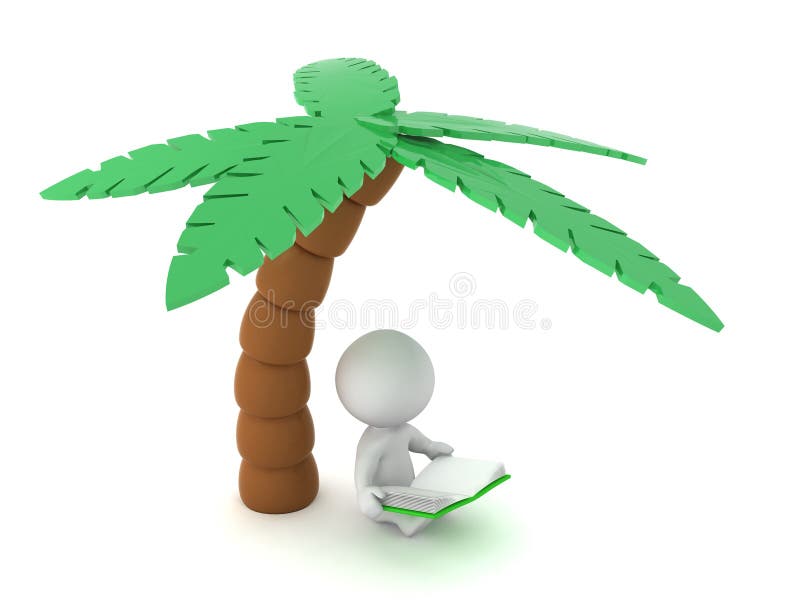 3D Character Reading a Book Under a Palm Tree Stock Illustration ...